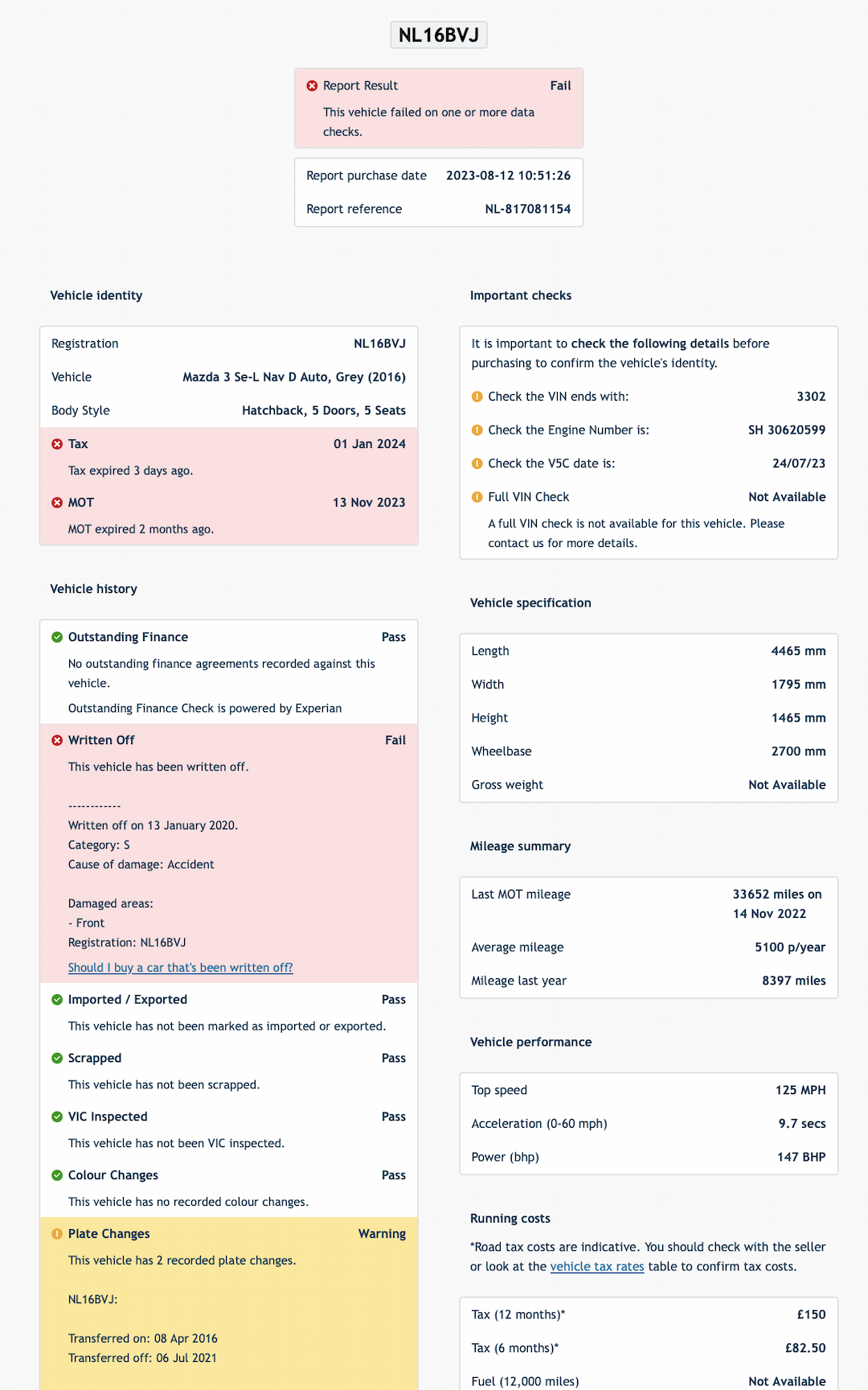 Car History Check | Sample Reports