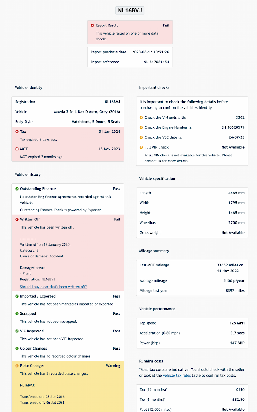 Car History Check | Sample Reports